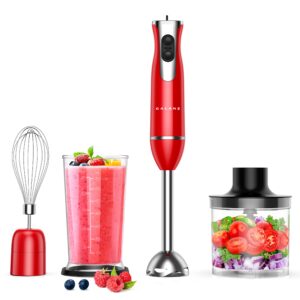 galanz 4-in-1 retro immersion hand blender & food chopper with whisk, 2 speeds, blending beaker included, stainless steel, 260w, red