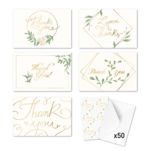 rileys & co thank you wedding cards, gold foil, classic wedding cards 50 count, with stickers & envelopes | bulk thank you cards with envelopes | wedding thank you cards greenery and gold