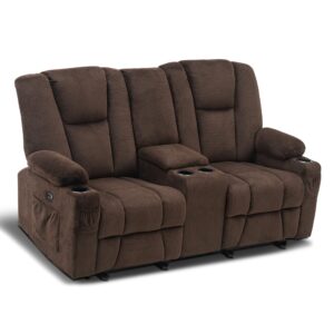 mcombo fabric power loveseat recliner with console, electric reclining loveseat sofa with heat and massage, cup holders, usb charge port for living room 6045 (brown)