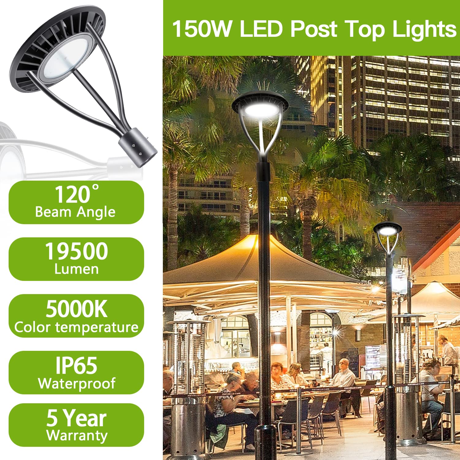 150W LED Circular Post Top Pole Light - 21000LM, 5000K, Outdoor Waterproof Fixture for Garden Pathway, Parking Lot, Courtyard, School Street 100-277V