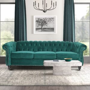 oncin velvet chesterfield sofa, 84 inch modern tufted 3 seater couch with scroll arms and wood legs for living room bedroom (green)