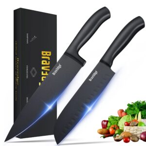 bravedge kitchen knives, 8'' chef knife and 7'' santoku knife, 2-piece professional chef knife set with high carbon stainless steel blade and ergonomic handle, knives set for kitchen with gift box