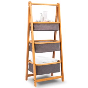 serenelifehome 3 tier fold out hamper shelf storage - space saving collapsible foldable natural bamboo wooden organizer removable baskets for bedroom bathroom laundry clothes towels