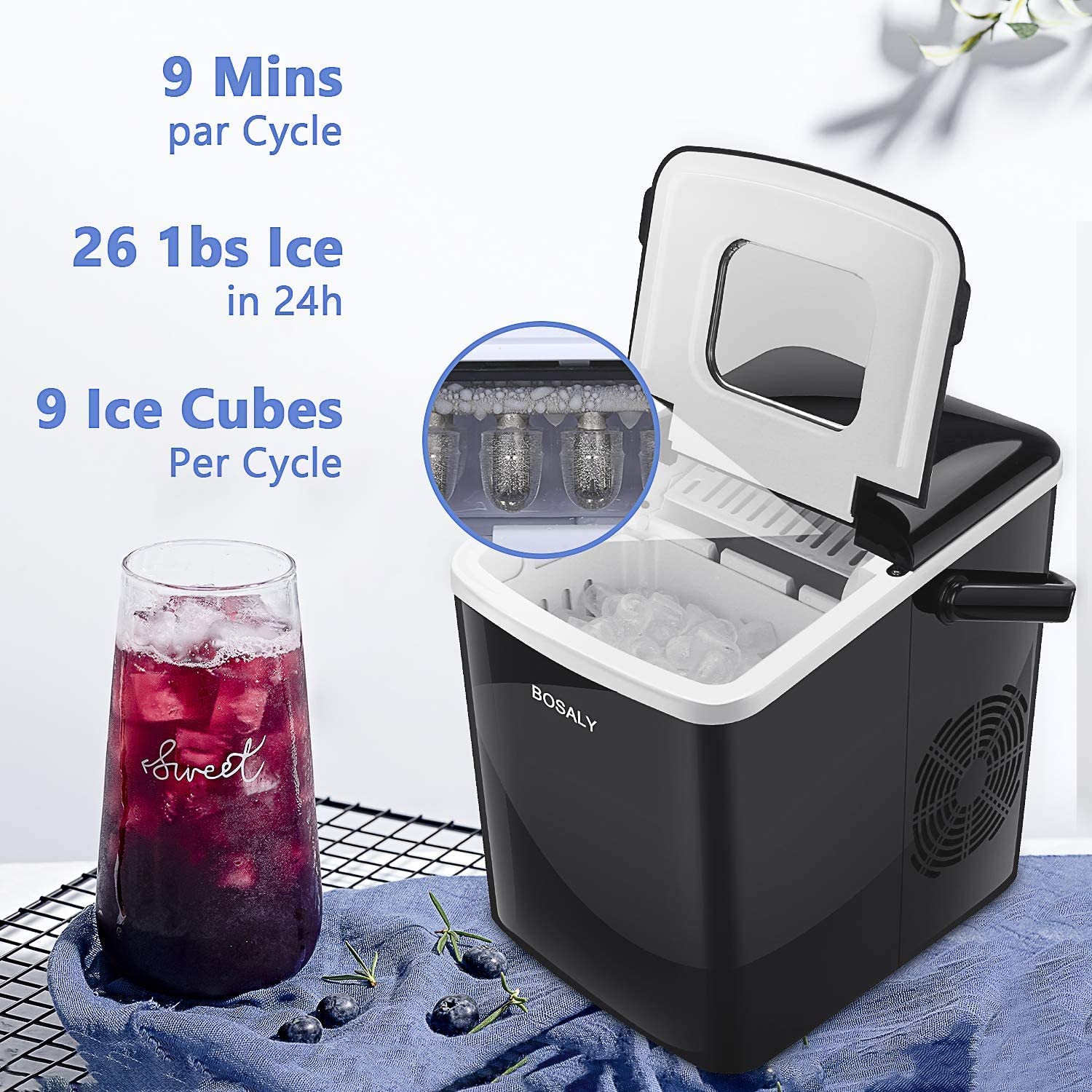 HHEE Ice Maker, Portable & Compact Maker Machine, Electric High Efficiency Express Clear Operation Control Panel with Scoop, Home Mini for Parties Mixed Drinks (1.85 Liters, White)