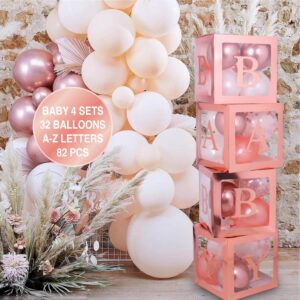 82pcs rose gold baby shower decorations for girl kit - jumbo transparent baby block balloon box includes baby, alphabet letters dyi, white gold balloons, gender reveal 1st birthday party backdrop