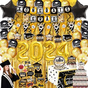 graduation decorations class of 2024 black gold - (89pack) congrats grad banners, class of 2024, hanging swirl, balloons, tablecloths, cupcake topper, plates, photo props, senior 2024 sash