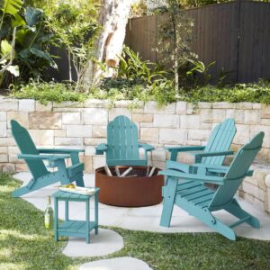 lue bona folding adirondack chair set of 4, blue turquoise hdps fire pit patio chairs weather resistant, modern plastic outdoor chairs with cup holder