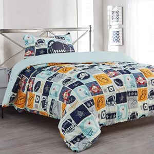 sapphire home 3 piece sports squares twin kids comforter set - kids bedding set - comforter set, pillow sham, decorative toy pillow - toddler bed kit, sports squares room decor for boys - twin size