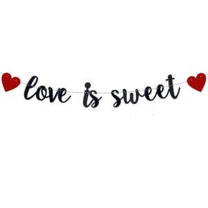 qwlqiao love is sweet banner - black glitter perfect decoration for engagement, wedding, anniversary, valentine's day party, bridal shower