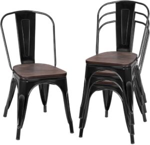 s afstar 18 inch dining chair set of 4, stackable metal chairs w/wood top seat, bistro cafe side chair w/high backrest for kitchen patio restaurant indoor (black)