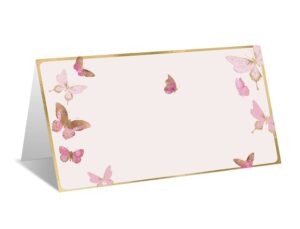 place cards for pink butterfly party, editable name place cards, seating place cards for tables, tent style cards for wedding, bride & baby shower, easy folding, pack of 25 escort cards(b06)