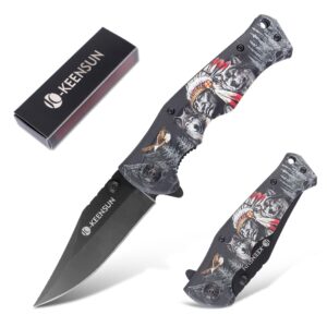 keensun pocket folding knife –tactical knife, hunting knife, flipper knife,edc knife.speed safe spring assisted opening knifes with liner lock,thumb stud and pocketclip.good for camping, hiking, indoor and outdoor activities,native american & wolf 3d prin