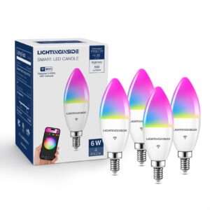 lightinginside smart candelabra led bulbs 60 watt equivalent, 500lm 6w, e12 led bulb compatible with alexa/google assistant/smart life, rgbcw candle, no hub required, 2.4g wifi only, etl listed, 4pcs