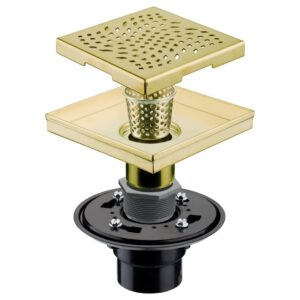 gold brushed shower drain with flange, hidrop sus 304 stainless steel 6 inch square shower floor drain with removable hair strainer