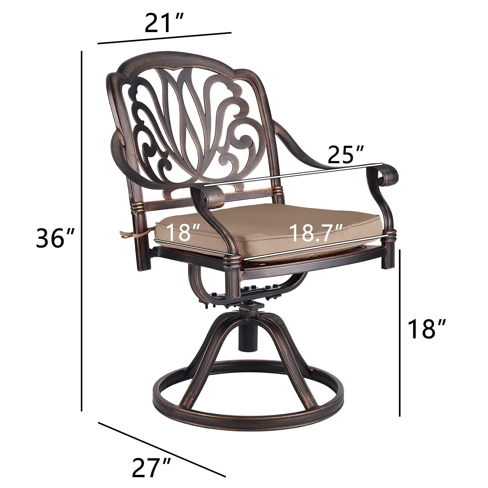 JOVNO Outdoor Furniture 2-Piece Cast Aluminum Bistro Swivel Arm Chair Set, Patio Dining Set-Bronze (Khaki)