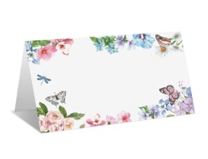 place cards for butterfly floral party, editable name place cards, seating place cards for tables, tent style cards for wedding, bride & baby shower, easy folding, pack of 25 escort cards(b08)