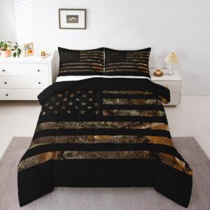 american flag camo comforter set queen,military hunting bedding set rustic trees leaves camouflage comforter for boys teens kids man bedroom nature conifer oak branches bedding quilt set 3 pcs