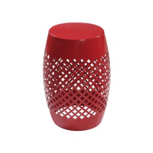 ac pacific outdoor indoor lace cut side table, powder-coated iron pedestal stand, drum shaped accent furniture for patio, living room or bedroom, red