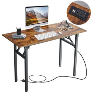 frylr industrial computer desk 43.3'', home office pc desk with power outlet and usb ports charging station, study workstation, stable metal frame, rustic brown