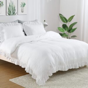 caromio white ruffle duvet cover queen size, 3pcs soft washed microfiber vintage french country duvet cover set for queen bed, white, 90x90 in