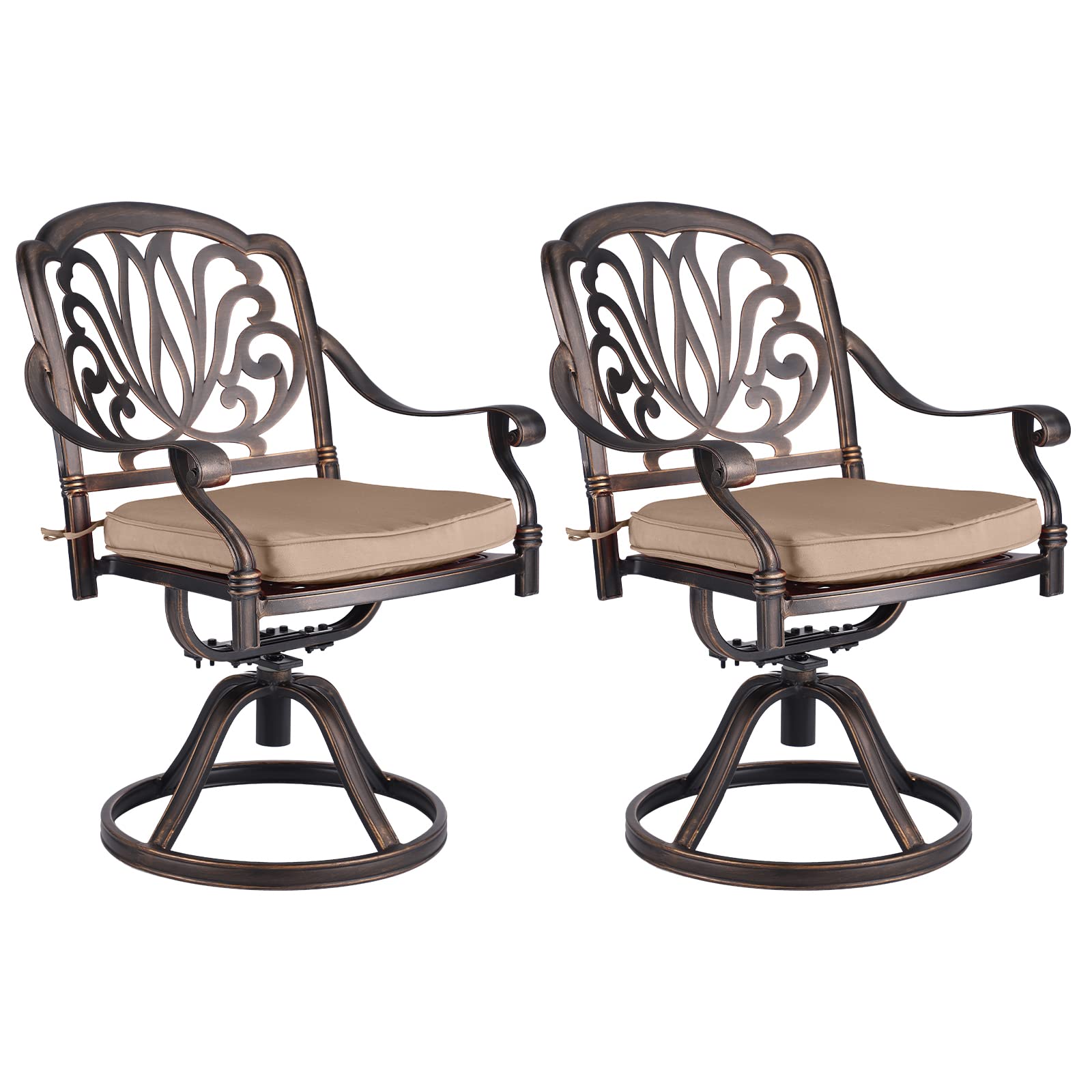 JOVNO Outdoor Furniture 2-Piece Cast Aluminum Bistro Swivel Arm Chair Set, Patio Dining Set-Bronze (Khaki)