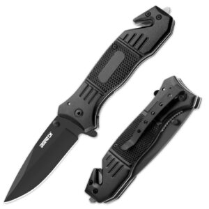 spring assisted pocket knife with glass breaker and seatbelt cutter, 3.5 inch 3cr13 steel drop point blade with aluminum handle, edc folding knife with clip flipper knives for men