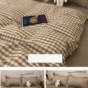 ANYSWBKN Super Soft 4 Piece Bedding Sets Plaid Pattern Fade Resistant Color Nordic Style Washed Cotton Durable Bedding Set with Zipper Closure Brown King