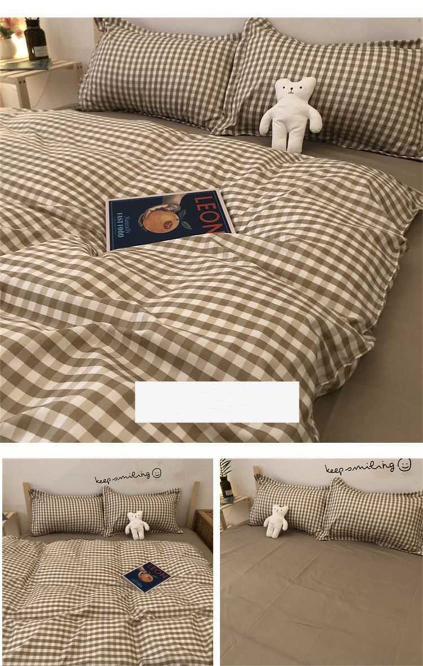 ANYSWBKN Super Soft 4 Piece Bedding Sets Plaid Pattern Fade Resistant Color Nordic Style Washed Cotton Durable Bedding Set with Zipper Closure Brown King