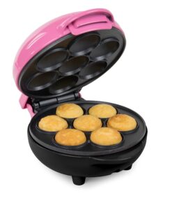 nostalgia mymini cupcake maker, compact size for dorms, apartments, makes 7 mini cakes, non-stick surface, easy-to-clean, perfect for dessert, breakfast, or snacks, keto friendly, pink