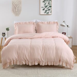 pink ruffled duvet cover twin, 2pcs soft washed microfiber vintage french country duvet cover set for kids girls, pink, 68x90 in