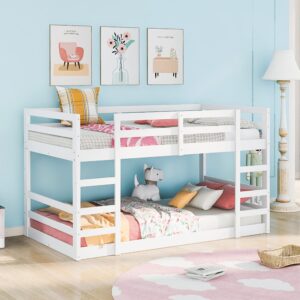 twin over twin low bunk bed, solid wood floor bunk bed with ladder, for toddlers kids boys girls (white)