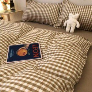 anyswbkn super soft 4 piece bedding sets plaid pattern fade resistant color nordic style washed cotton durable bedding set with zipper closure brown king