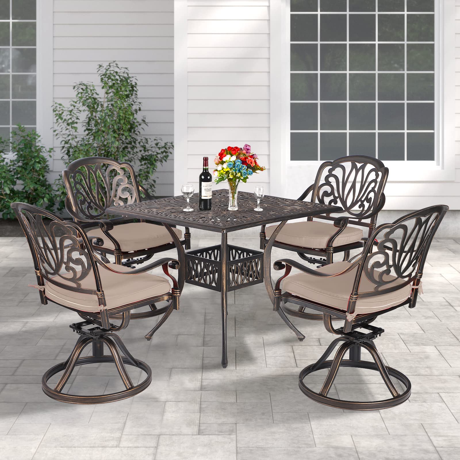 JOVNO Outdoor Furniture 2-Piece Cast Aluminum Bistro Swivel Arm Chair Set, Patio Dining Set-Bronze (Khaki)