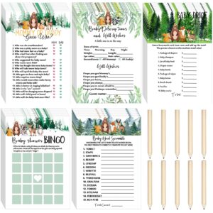 gersoniel 135 pieces woodland baby shower game cards forest animals baby shower 5 games set guess who mommy or daddy game well wishes bingo game woodland creatures theme with pencils for boy girl