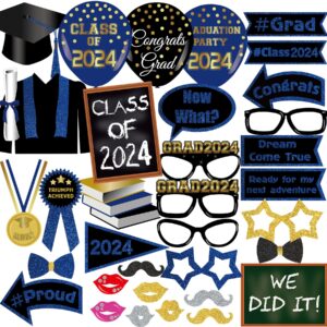 2024 graduation decorations party supplies photo booth props, blue black gold graduation pose signs for graduation party, upgraded version with long paper sticks and long double-side tapes 35pcs