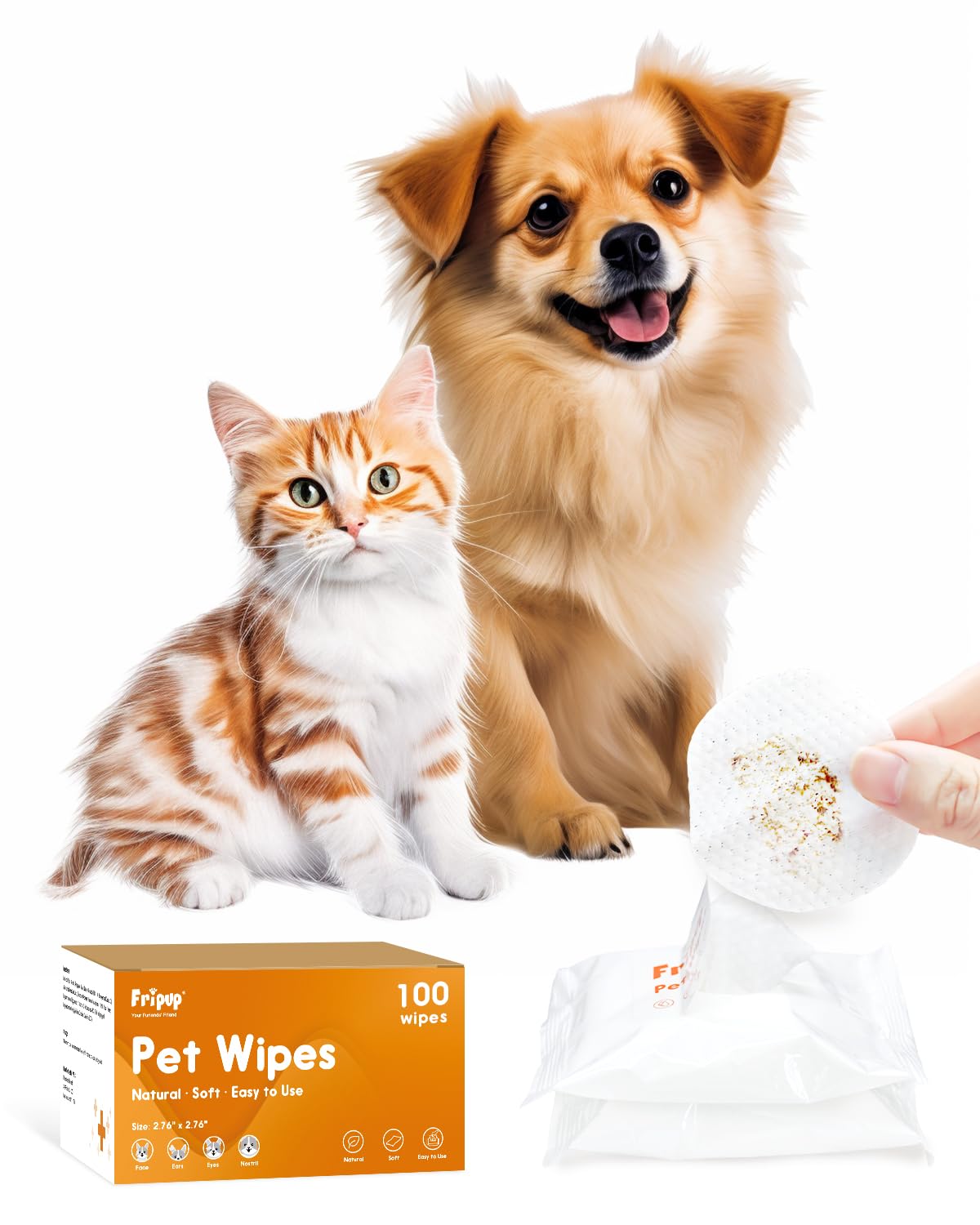 FriPuP Dog Eye Wipes, Travel Size Pet Wash Pads for Ear Face Wrinkle Cleaning, Gentle Tear Stain & Eye Discharge Remover for Cats Kitten Puppy, Essential Small Dog Items, Soft 100 Count (Pack of 2)