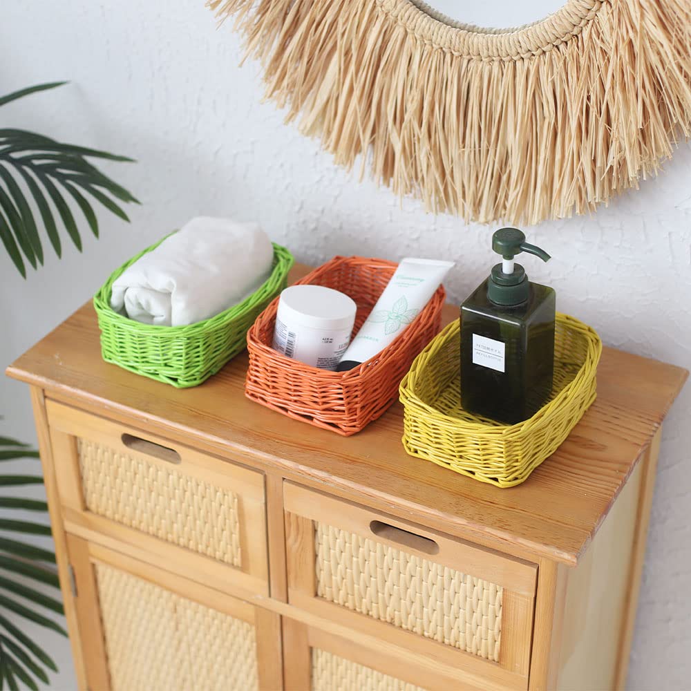 Rectangle Small Wicker Baskets for Sundries 3pcs Storage Bins (Colorful)