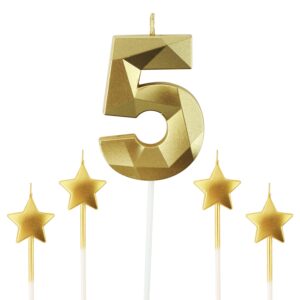 golden number 5 birthday candles and star birthday candles 2.76 inch birthday cake candles 3d diamond shaped candles are suitable for birthday parties and anniversary cake decorations candles(gold 5)