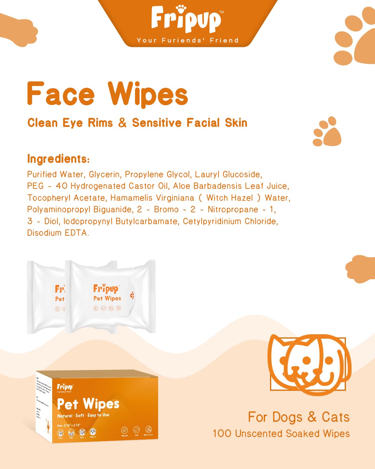 FriPuP Dog Eye Wipes, Travel Size Pet Wash Pads for Ear Face Wrinkle Cleaning, Gentle Tear Stain & Eye Discharge Remover for Cats Kitten Puppy, Essential Small Dog Items, Soft 100 Count (Pack of 2)