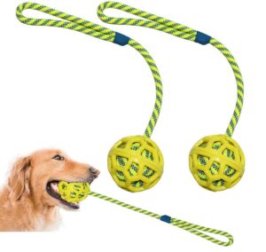 bluehomy dog rope toys training ball -on rubber, toy with handle, exercise and reward for dogs chew,dog pull toy- throw - tug fetch , gifts set of 2, dtb1001yel-2x, yellow