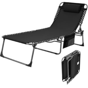 kingcamp oversized adjustable folding chaise lounge chair for outdoor patio beach lawn pool sunbathing tanning, heavy duty portable camping recliner with pillow, supports 330lbs, black