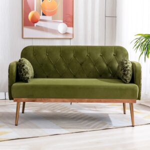 55-inch small velvet couch with elegant moon shape pillows, twin size loveseat accent sofa with golden metal legs, living room sofa with tufted backrest, 600 pounds weight capacity, green