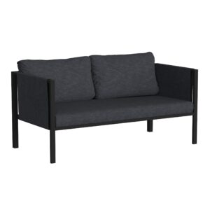 flash furniture lea indoor/outdoor loveseat with cushions - modern steel framed chair with storage pockets, black with charcoal cushions