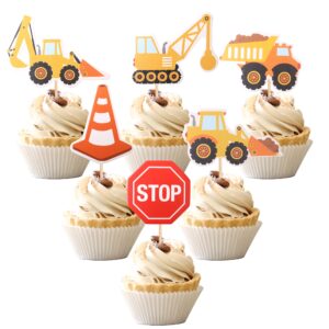 36 pcs construction cupcake toppers stop sign dump truck excavator tractor party cake food picks decorations for construction theme baby shower kids birthday party supplies