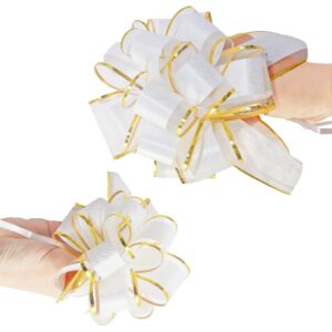 wewiluck gift bow for gifts wrapping, 10 pcs white pull bows with golden line for christmas tree, xmas presents, wedding decor, basket decoration, birthdays, holidays present wrap supplies