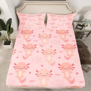 erosebridal axolotl kawaii bedding set twin size cute axolotl bed sheet for kids girls teens cartoon axolotls fitted sheet reptile animal fitted bed sheet bedroom decor with 1 pillowcase, pink