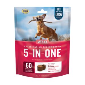 vetiq 5-in-one supplement for dogs, supports hip & joint, urinary tract, immune system, skin health and heart health, soft chews, made in the usa, 60 count (packaging may vary)