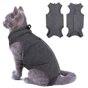 sunfura cat recovery suit, cat onesie for cats after surgery, breathable cat surgical spay suit for abdominal wounds skin diseases, e-collar alternative cat surgery shirt anti licking, grey l