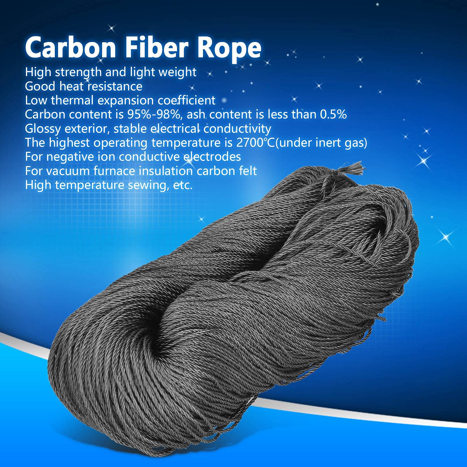 Flexible Carbon Fiber Rope, High Strength Graphite Ropes Smooth Exterior Heat Resistant for Negative Ion Conductive Electrode for High Temperature Sewing(Diameter 6mm)