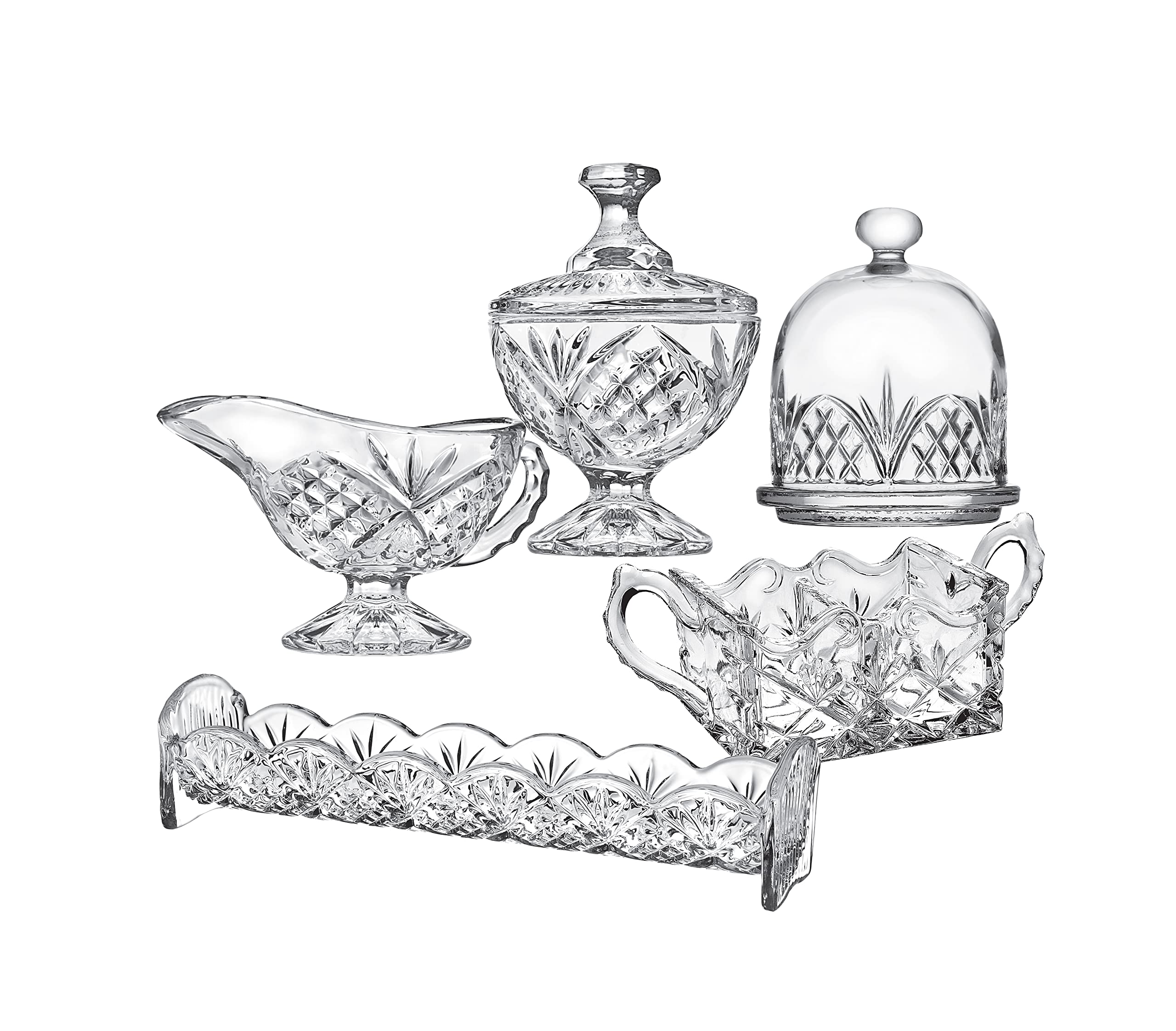 Godinger Serving Hostess Set - Butter Dish, Sugar and Creamer, Packet Holder, Cracker Tray - 5 Piece Set, Dublin Collection